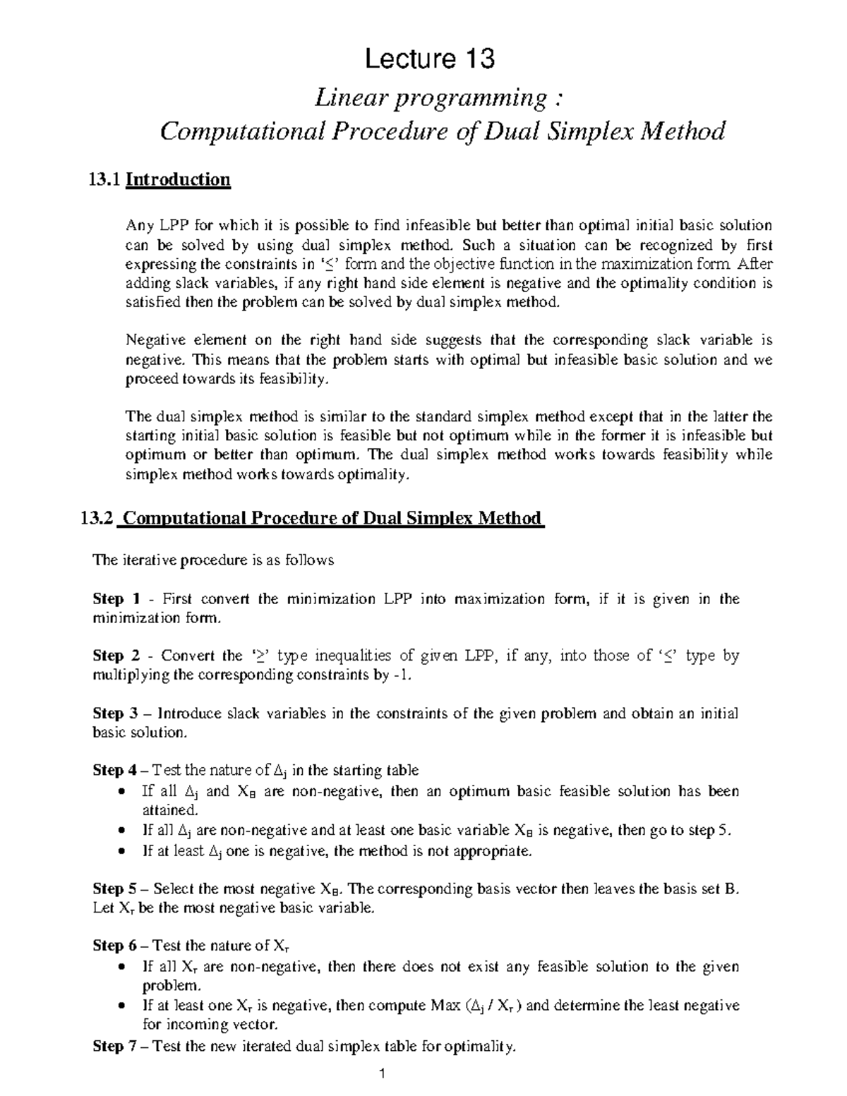 Dual simplex method - Notes - 13 Introduction Lecture 13 Linear ...