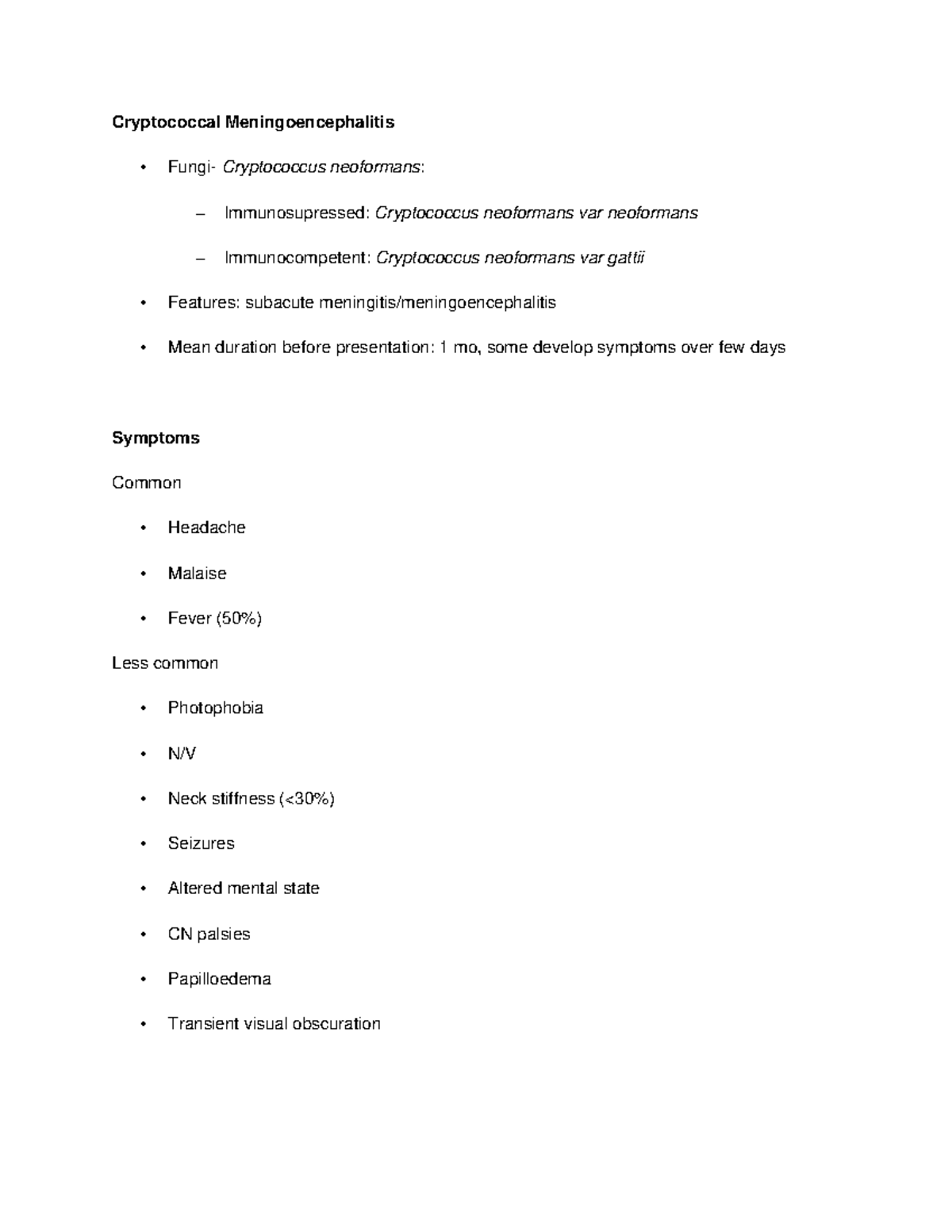 Cryptococcal Meningoencephalitis - CSF biochem - Lymphocytic ...