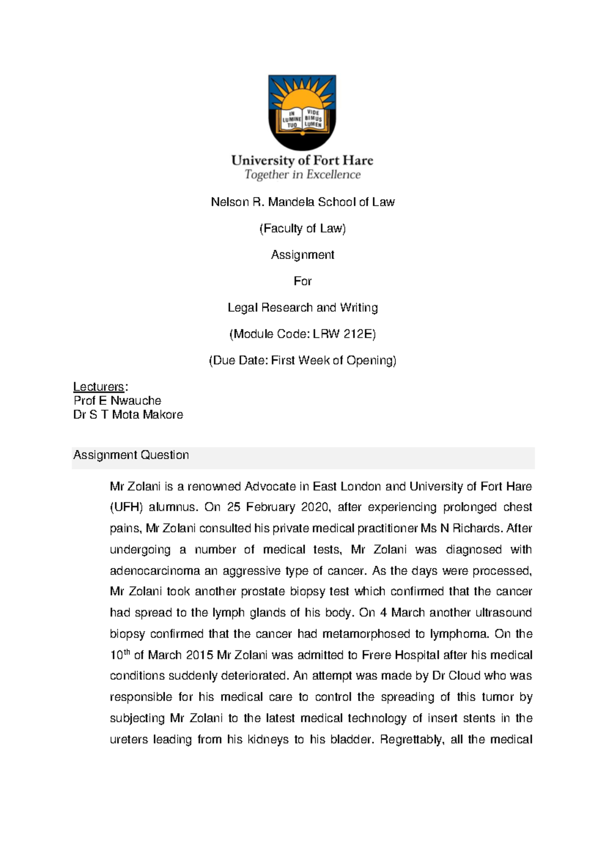 Legal Research and Writing Assignment 2020 - Nelson R. Mandela School ...