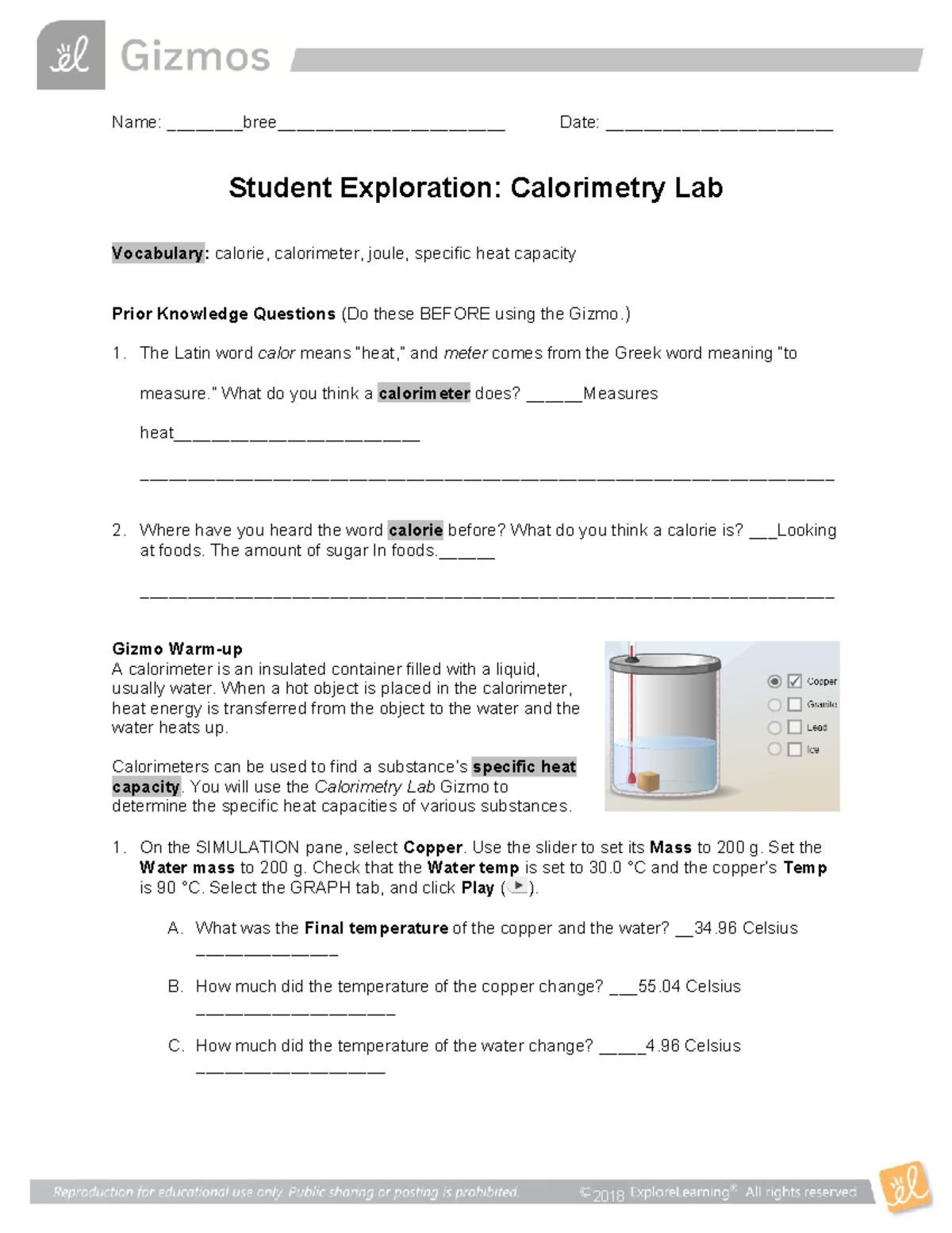 Calorimetry Lab Gizmo bree - Name: bree________________ Date ...