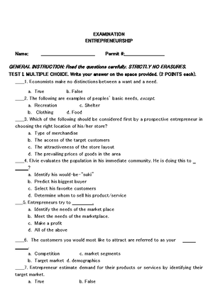 Examination 2 in Entrep - MIDTERM EXAMINATION ENTREPRENEURSHIP Name