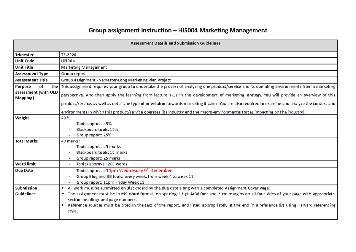 HI5004 Group Assignment Guideline T3 - Group assignment instruction – HI5004 Marketing ...