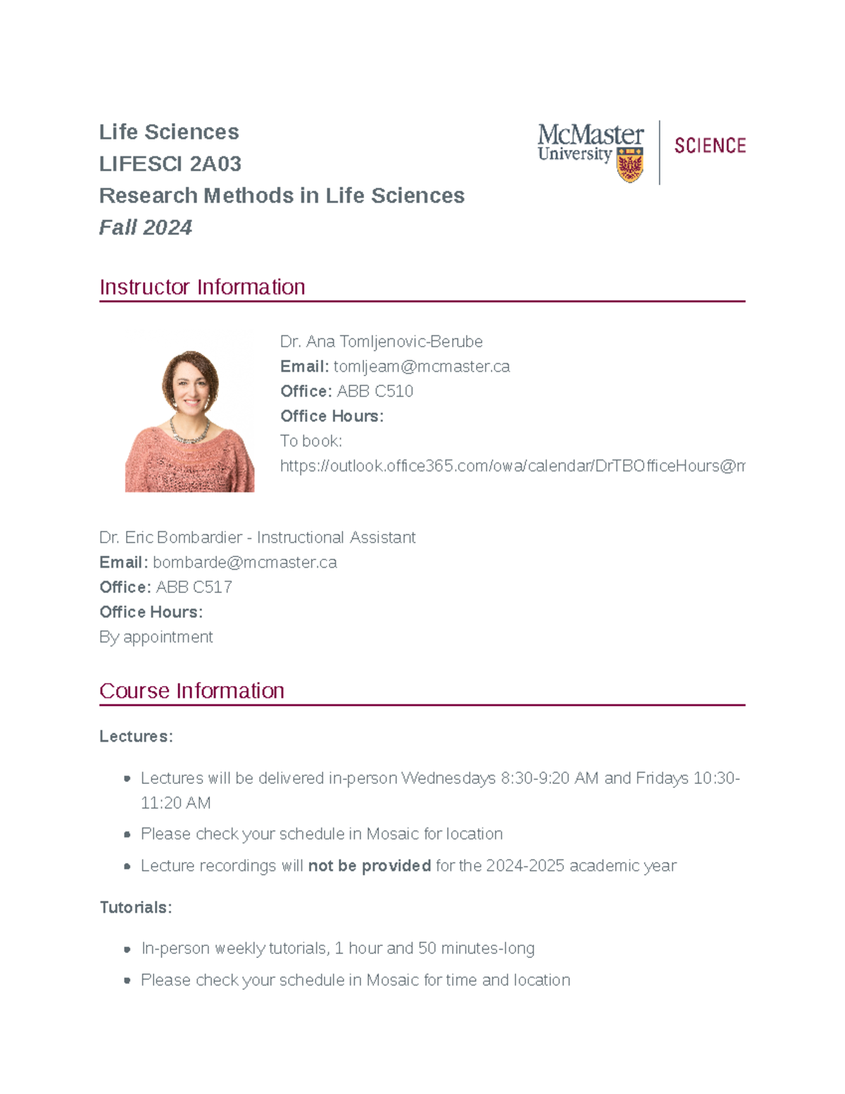 Fall 2024 Lifesci 2A03 - course outline - Life Sciences LIFESCI 2A ...