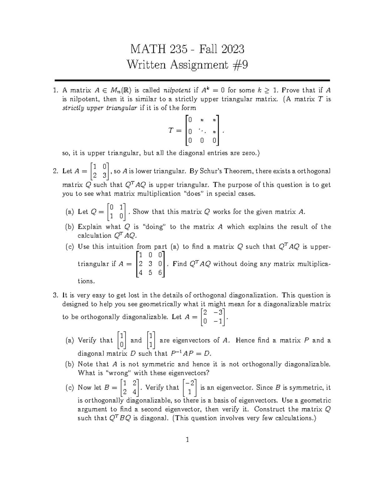 WA9 - WA9 Assign - MATH 235 - Fall 2023 Written Assignment A matrix A ∈ ...