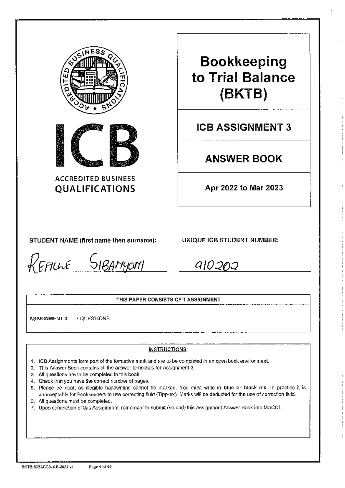 Assignment 3 Bookkeeping 910202 - BUSINESS DEPARTMENT Bookkeeping to ...