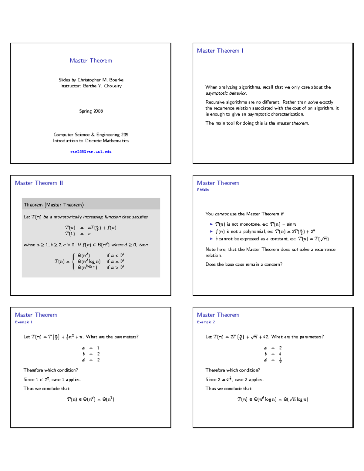 Master Theorem-Handout No Notes - Master Theorem Slides by Christopher ...