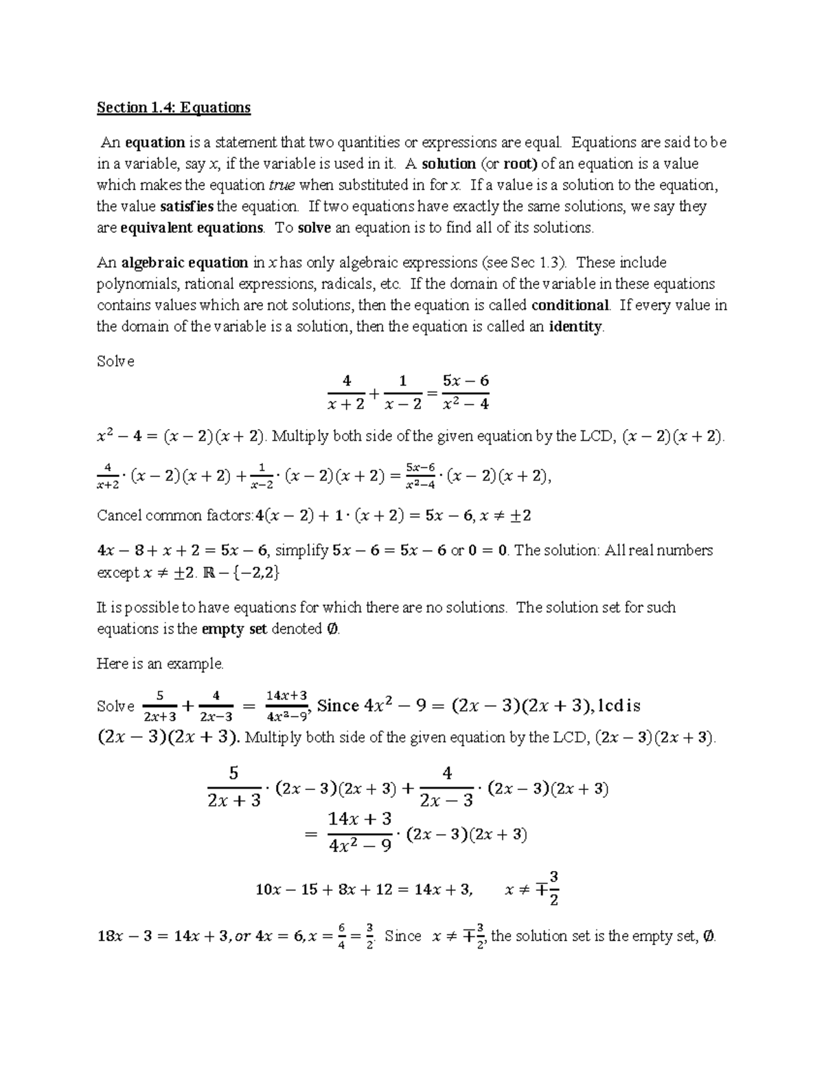 Section 1.4- Equations - Section 1: Equations An equation is a ...