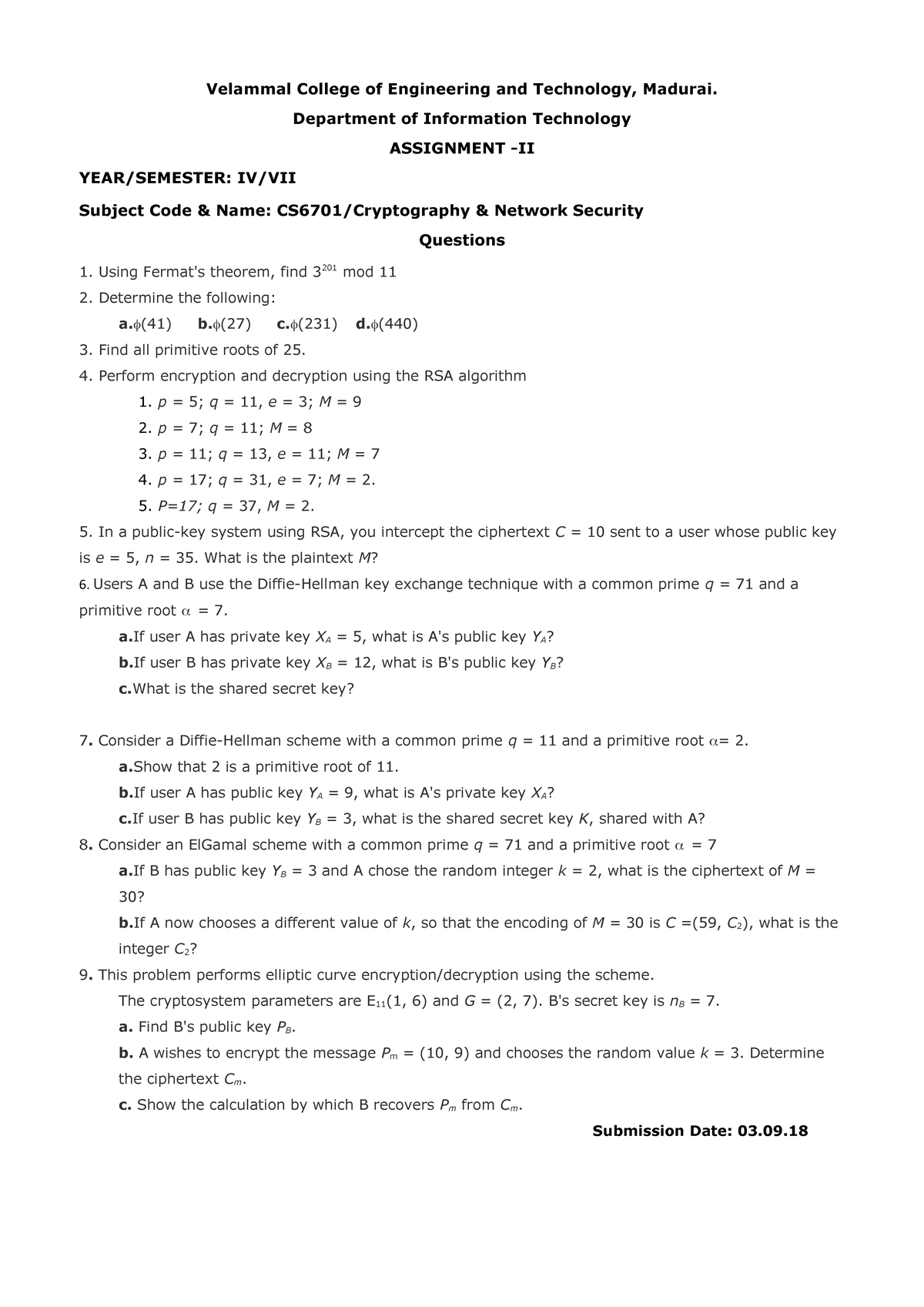 Cns assignment 2 qp - Velammal College of Engineering and Technology, Madurai. Department of ...