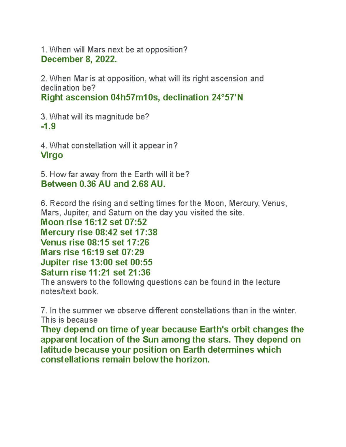 Planetary Astronomy assignments - When will Mars next be at opposition ...