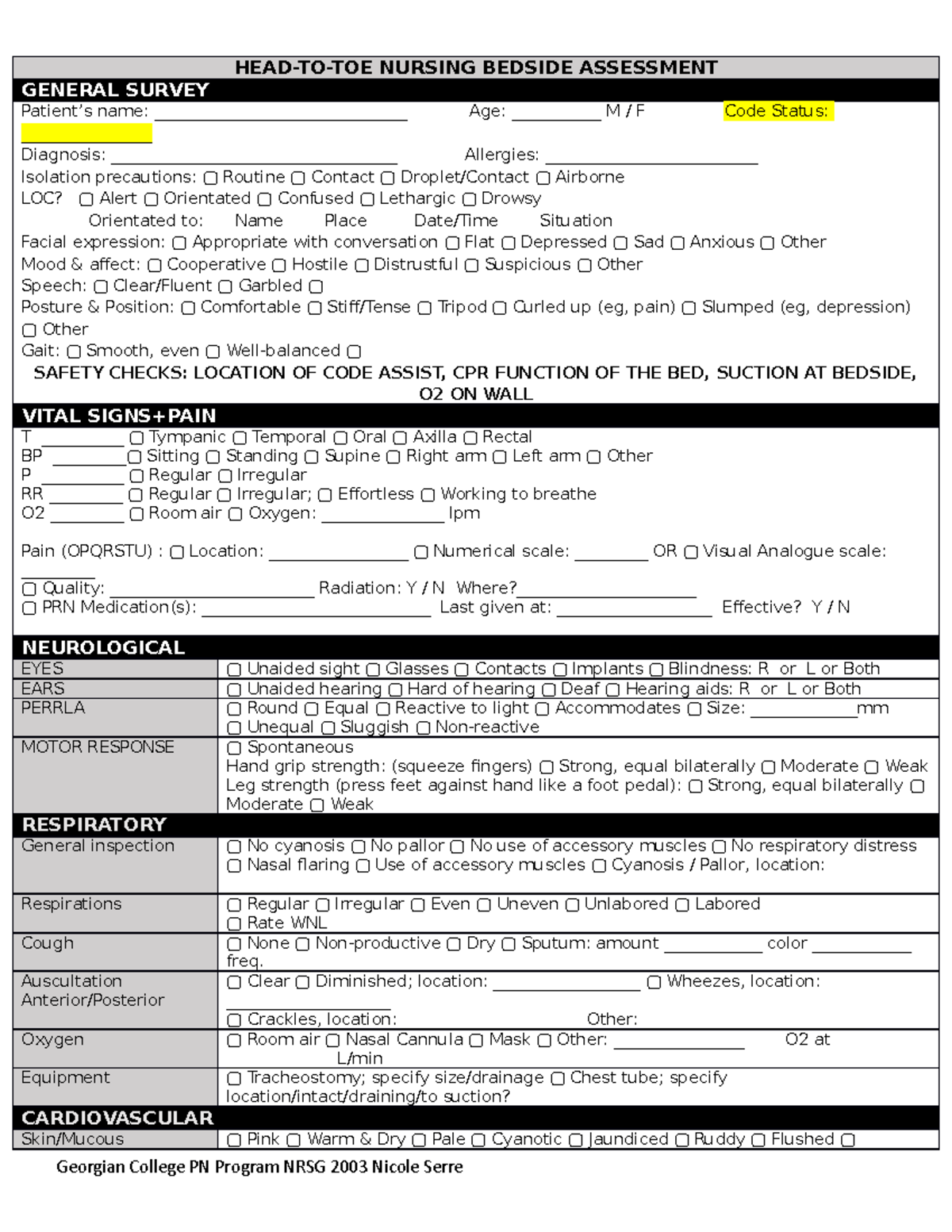 Wk10 Bedside assessment - HEAD-TO-TOE NURSING BEDSIDE ASSESSMENT ...