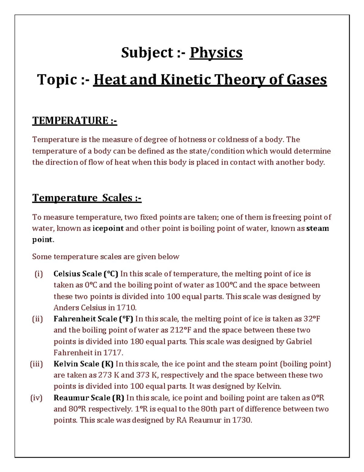 Heat and kinetic theory of gases class notes - Subject :- Physics Topic ...
