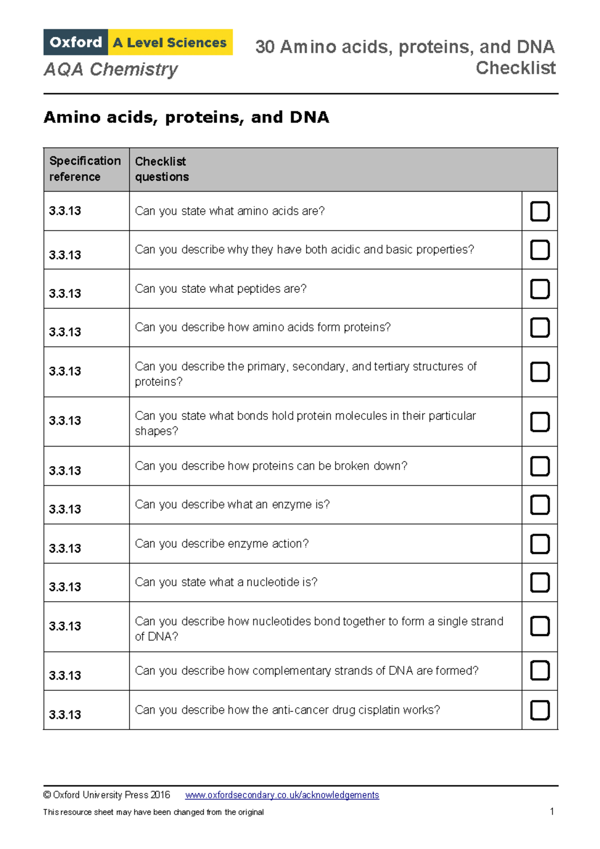 Chemistry Checklist - 30 Amino acids, proteins, and DNA AQA Chemistry ...
