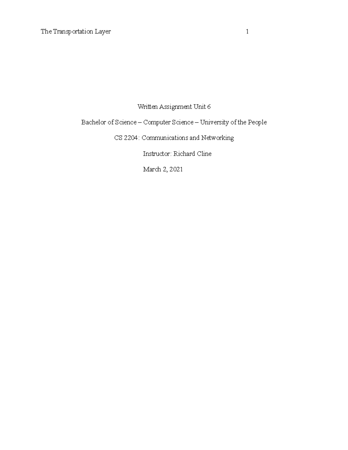 Cs2204 Written Assignment Unit 6 The Transportation Layer 1 Written Assignment Unit 6 Bachelor
