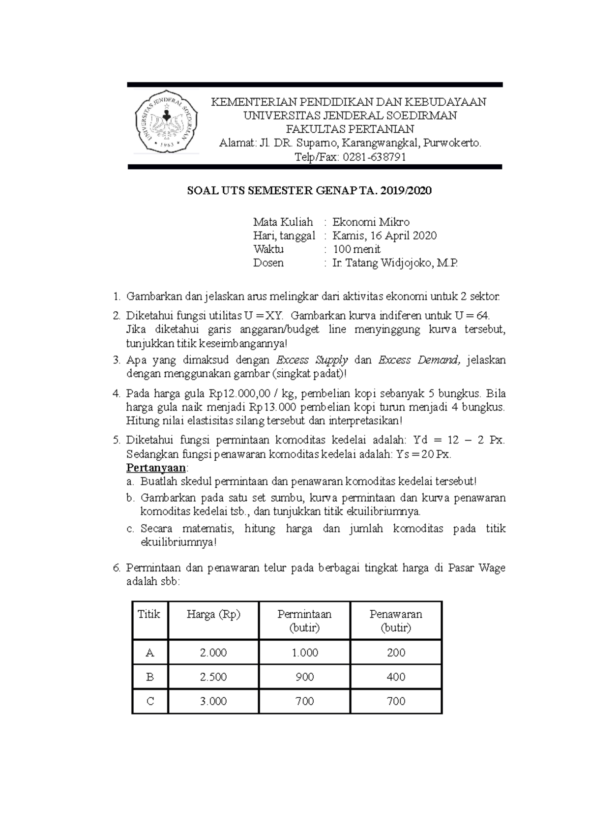 UTS Ekomik 2 - Soal ujian tengah semester mata kuliah ekonomi mikro program studi agribisnis ...