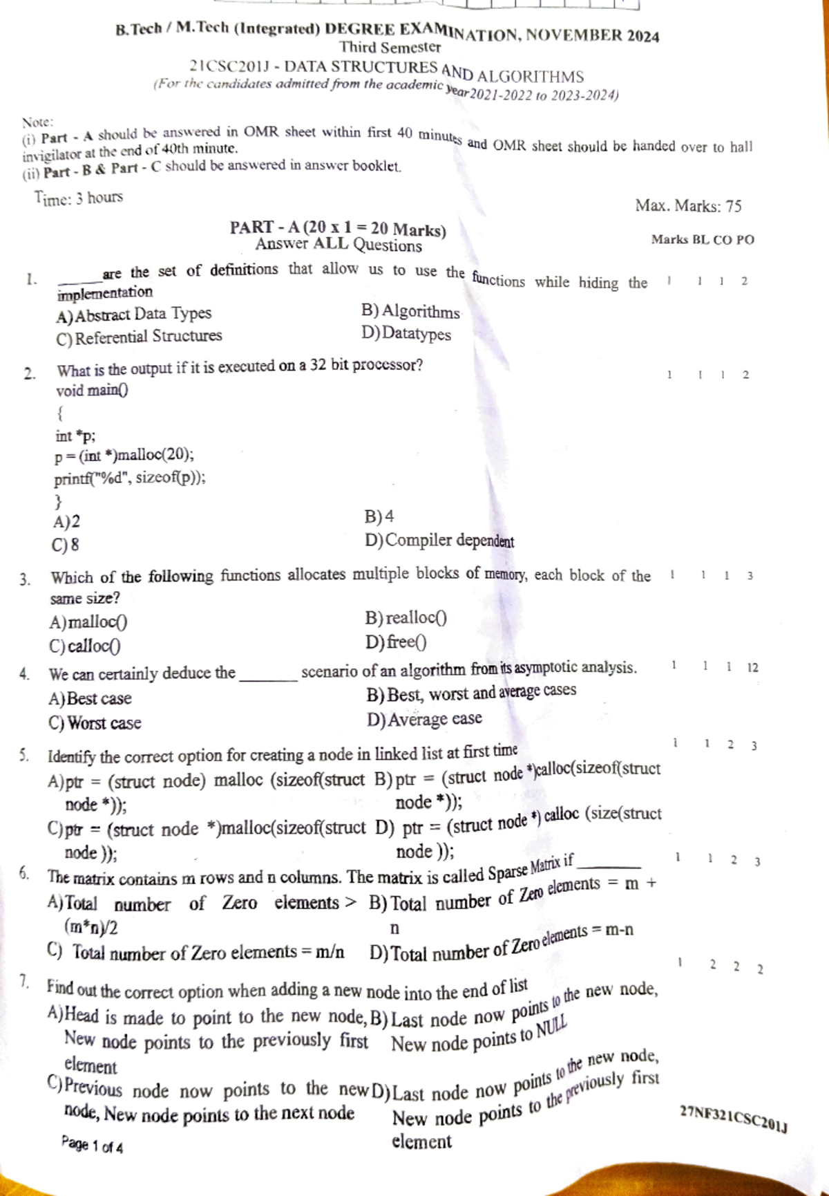 Dsa Previous Year Paper Note I Part A Should Be Answered In Omr