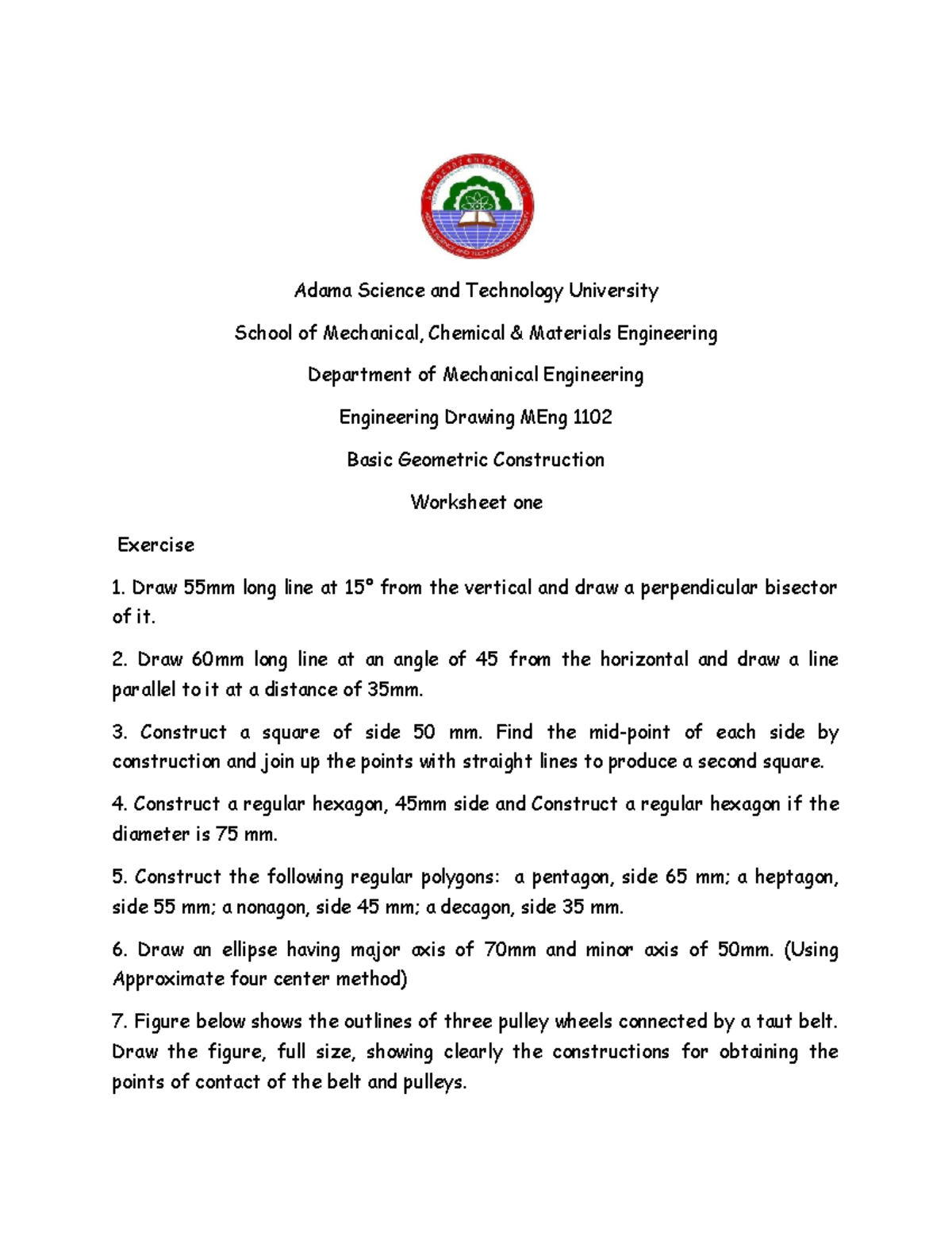 Chapter two worksheet - Adama Science and Technology University School of Mechanical, Chemical ...