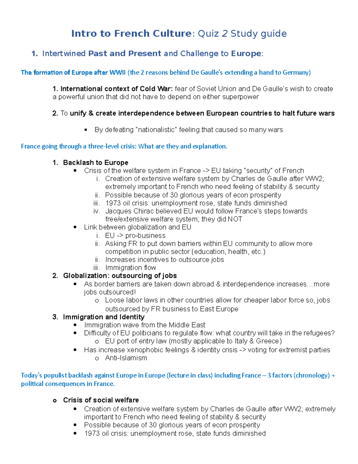 Quiz 2 Study guide - CLTR 1501 Notes - Intro to French Culture : Quiz 2 ...