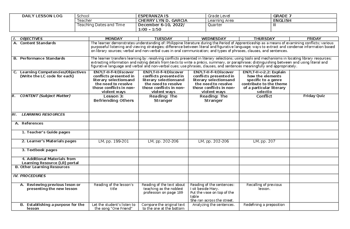Eng 7 Q2 week 5 2022-2023 - DAILY LESSON LOG School ESPERANZA IS Grade ...