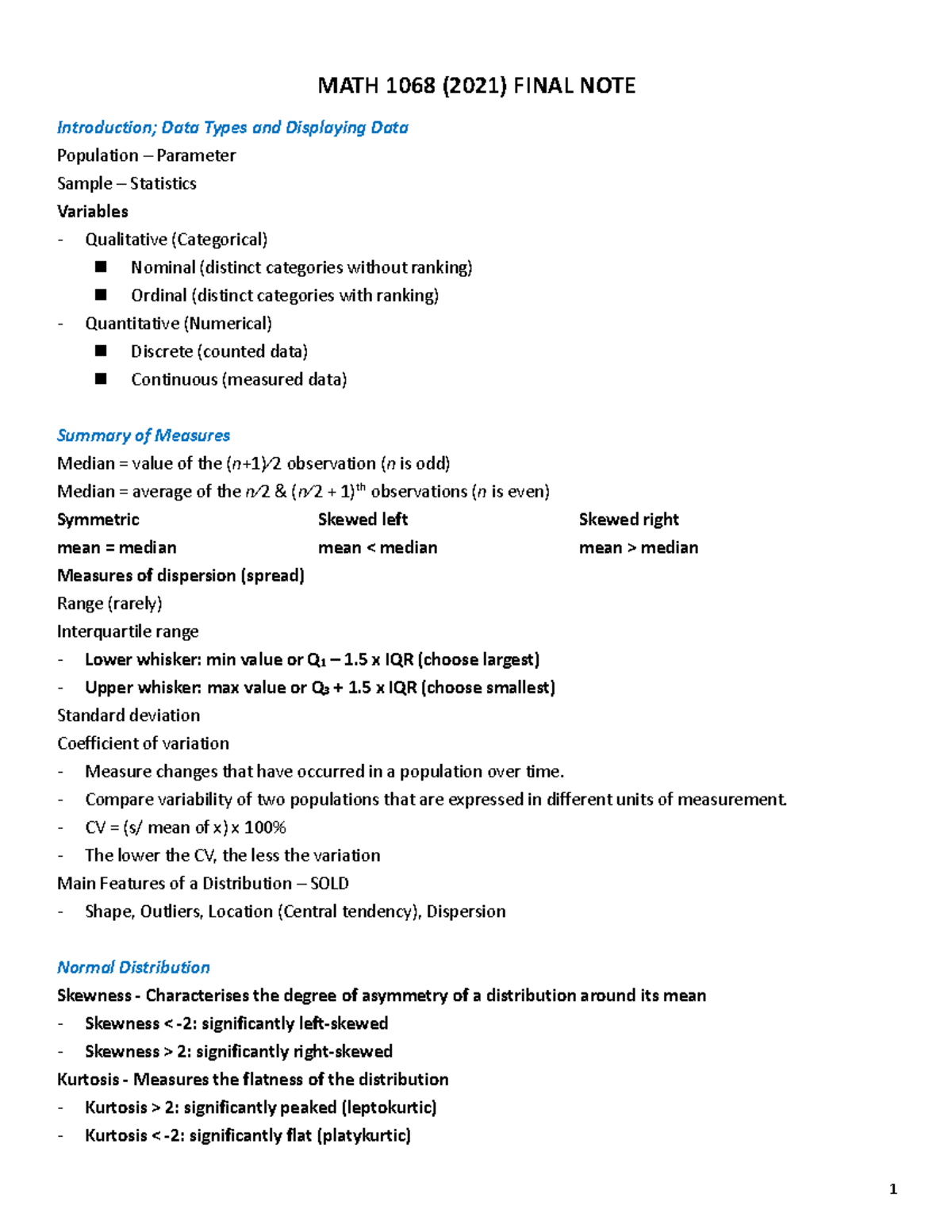 Final note - Personal note - MATH 1068 (2021) FINAL NOTE Data Types and ...