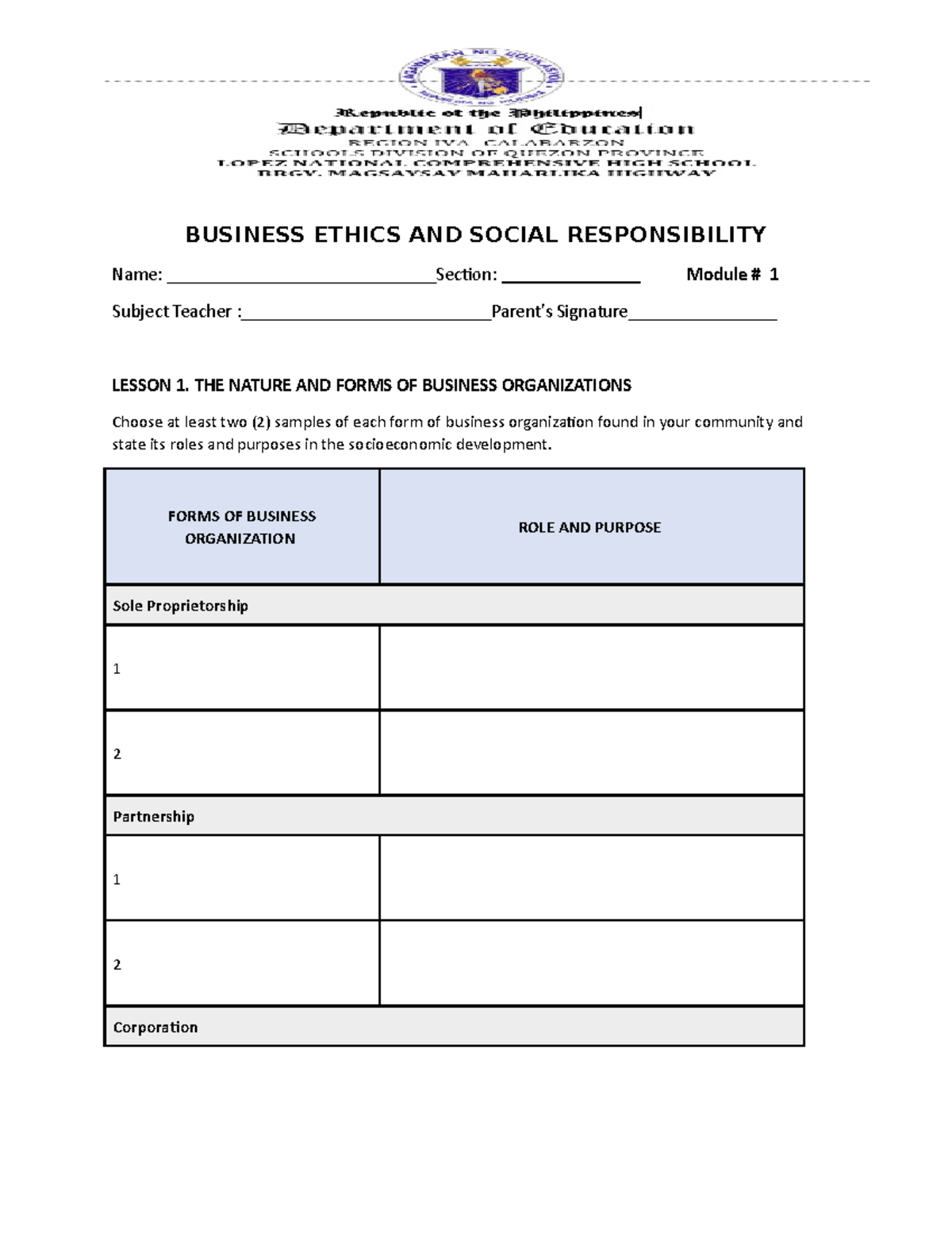 LAS-BESR-M1 - Basta - BUSINESS ETHICS AND SOCIAL RESPONSIBILITY Name ...