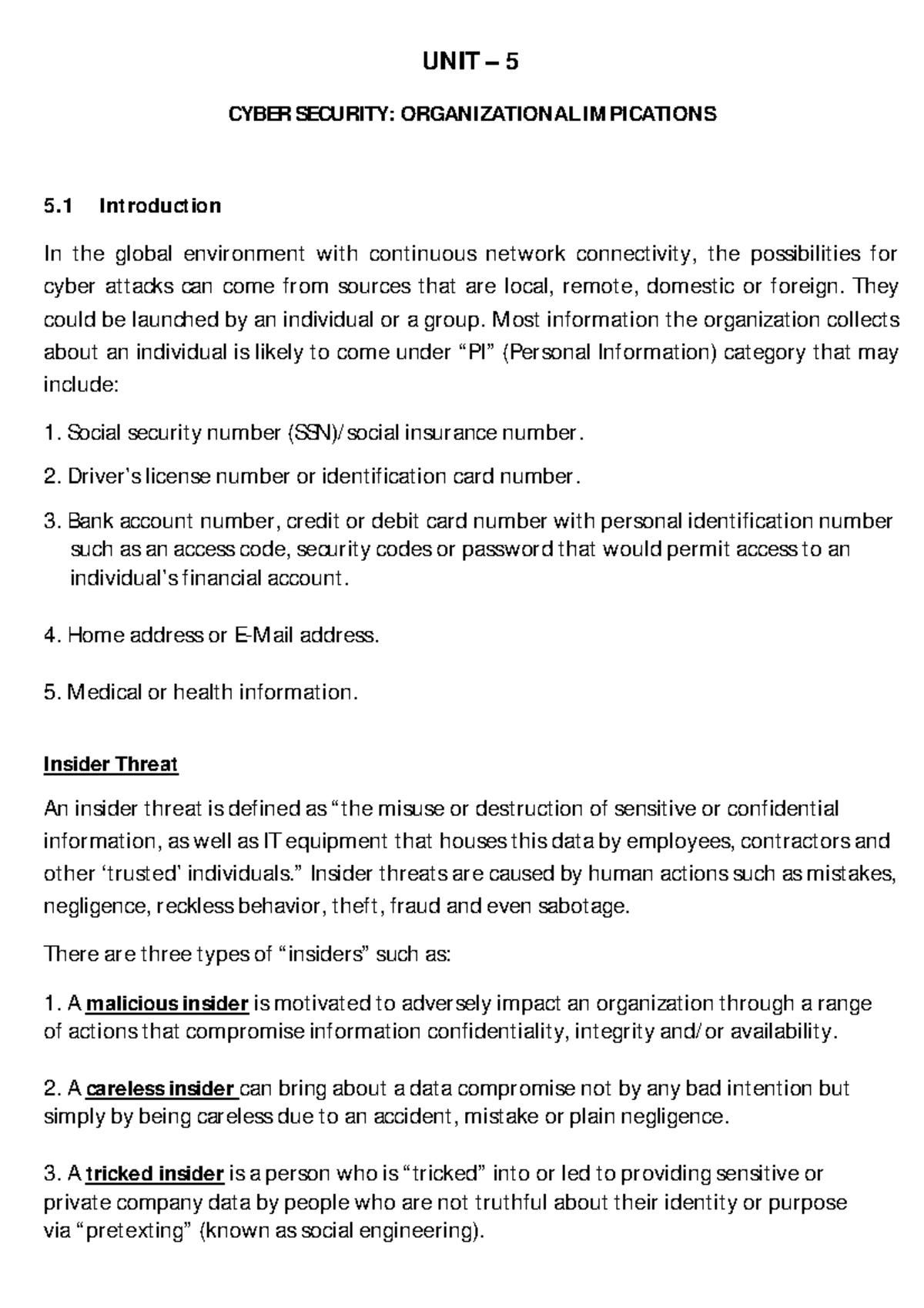 UNIT - 5 - Cyber Security Unit 5 - UNIT – 5 CYBER SECURITY: ORGANIZATIONAL IMPICATIONS 5 - Studocu