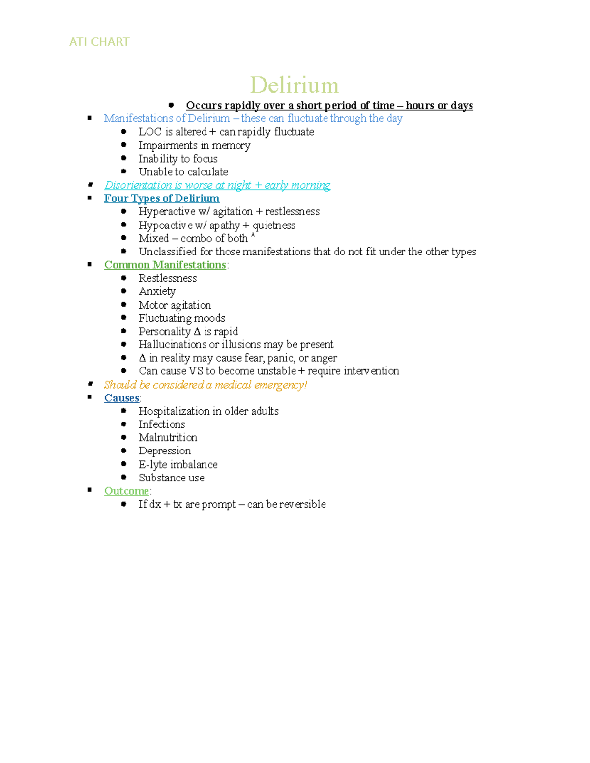 Delirium VS NCD - ATI CHART Delirium Occurs rapidly over a short period ...