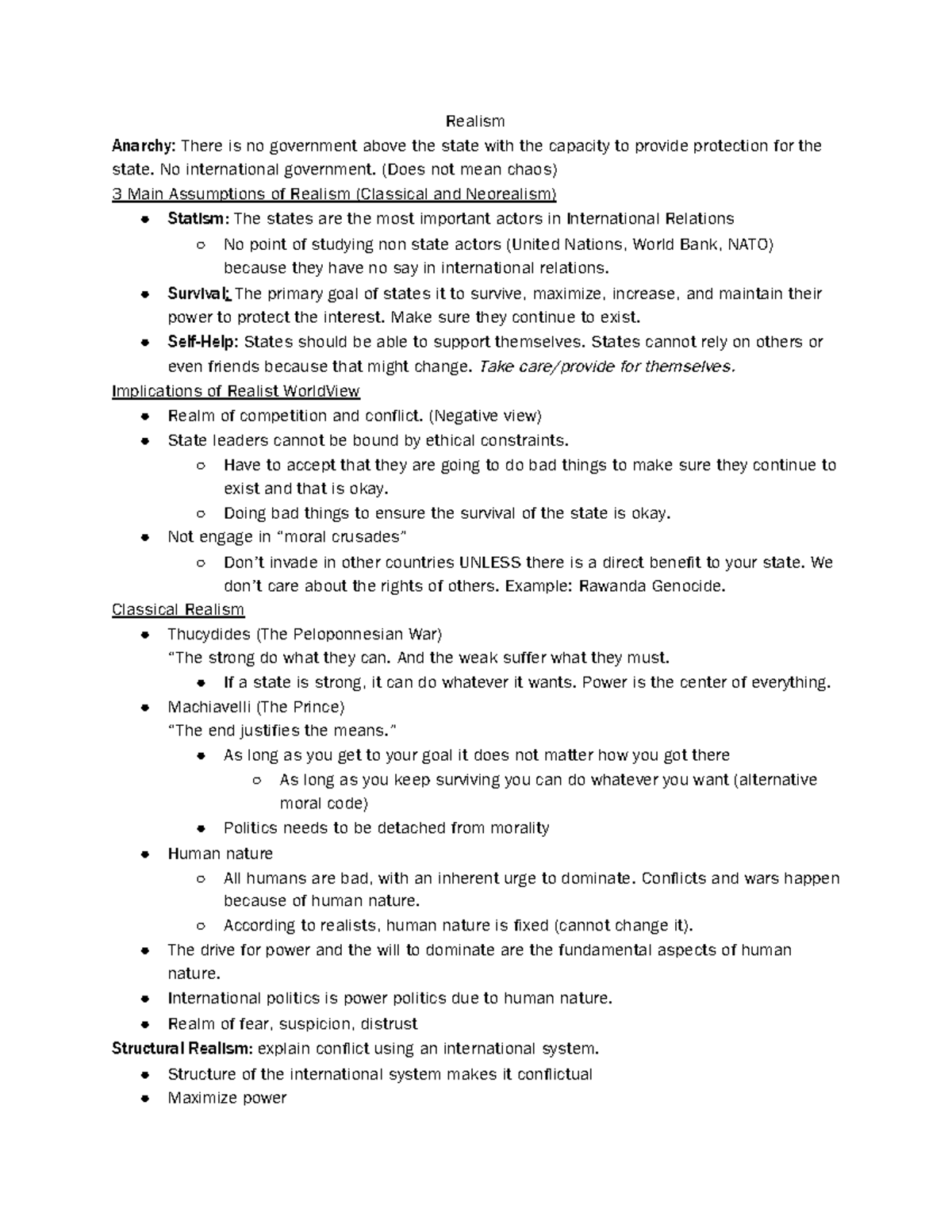 Realism for Exam #1 - Realism Anarchy : There is no government above ...