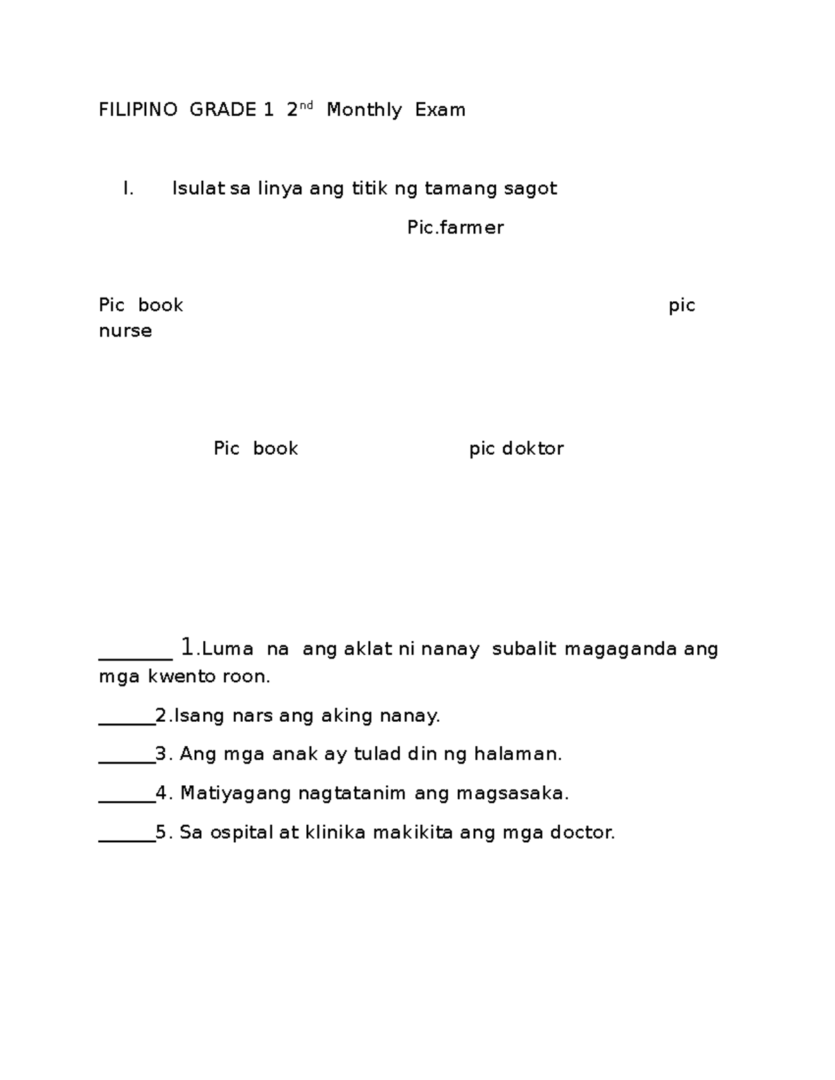 Filipino Grade 1 2nd Monthly Exam arcel fey - FILIPINO GRADE 1 2 nd ...