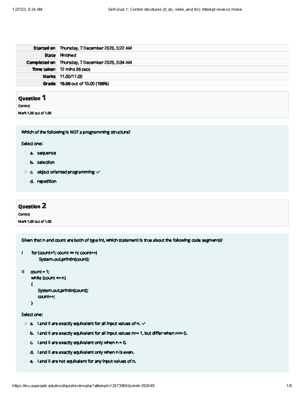 Self-Quiz 1 Control structures (if, do, while, and for) Attempt review Home - Started on ...