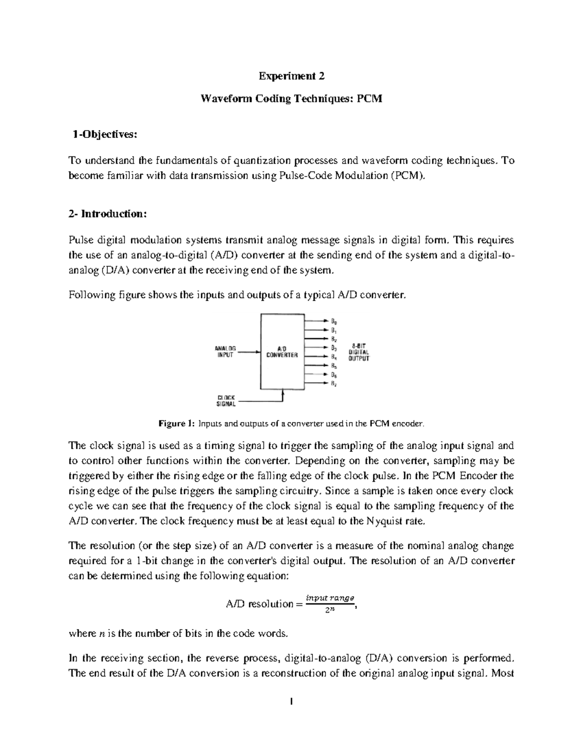 Experiment 2 the lab of this course - Experiment 2 Waveform Coding Techniques: PCM 1-Objectives ...