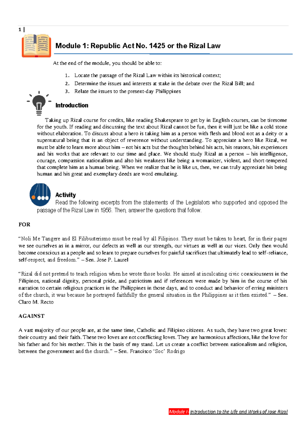 Module 1 - RA 1425 - Study hard - Module 1: Republic Act No. 1425 or ...