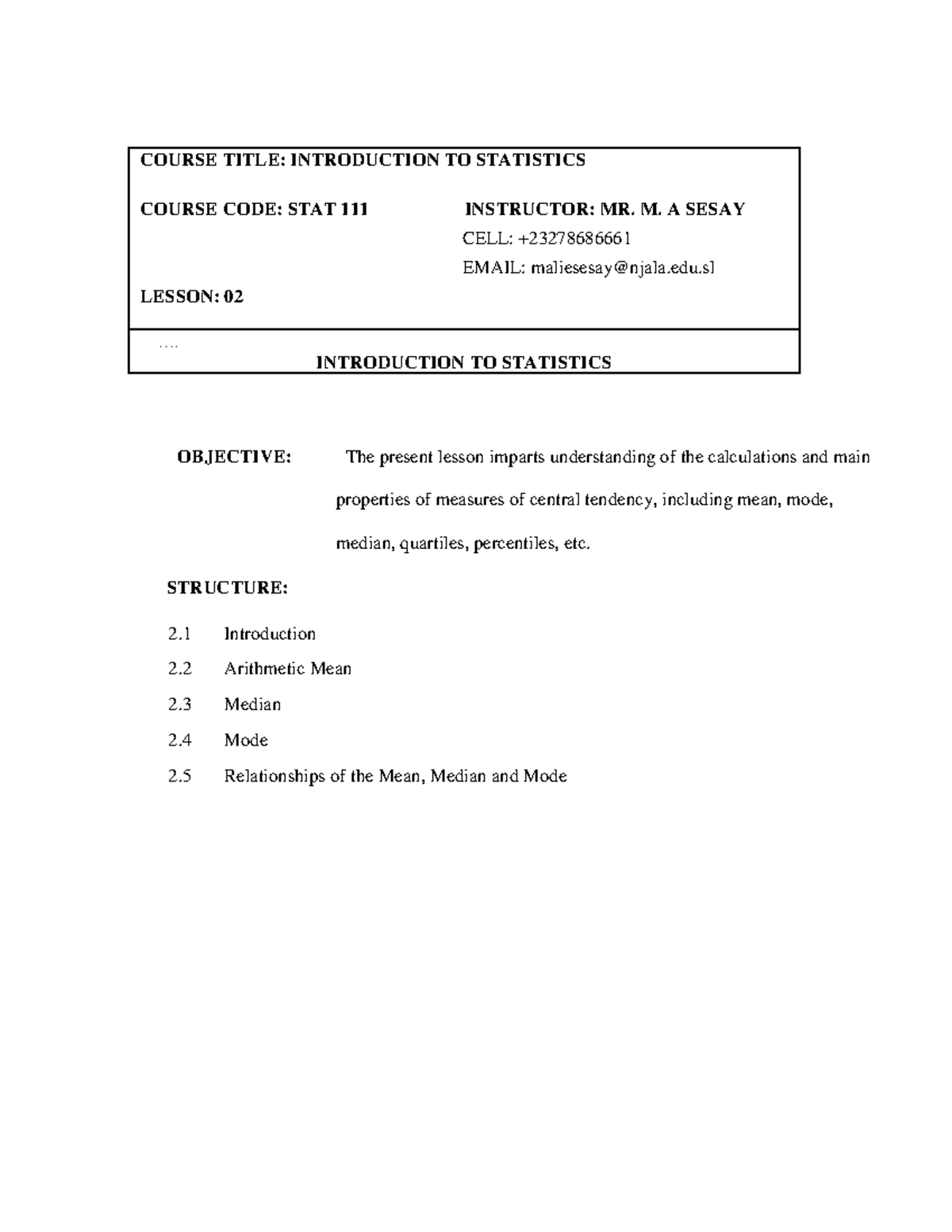 STAT 111 Lecture NOTE 02 pdf-1 - COURSE TITLE: INTRODUCTION TO STATISTICS COURSE CODE: STAT 111 ...