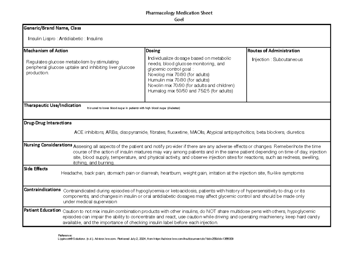 Med. sheet Insulin - Med. card - Pharmacology Medication Sheet Goel ...