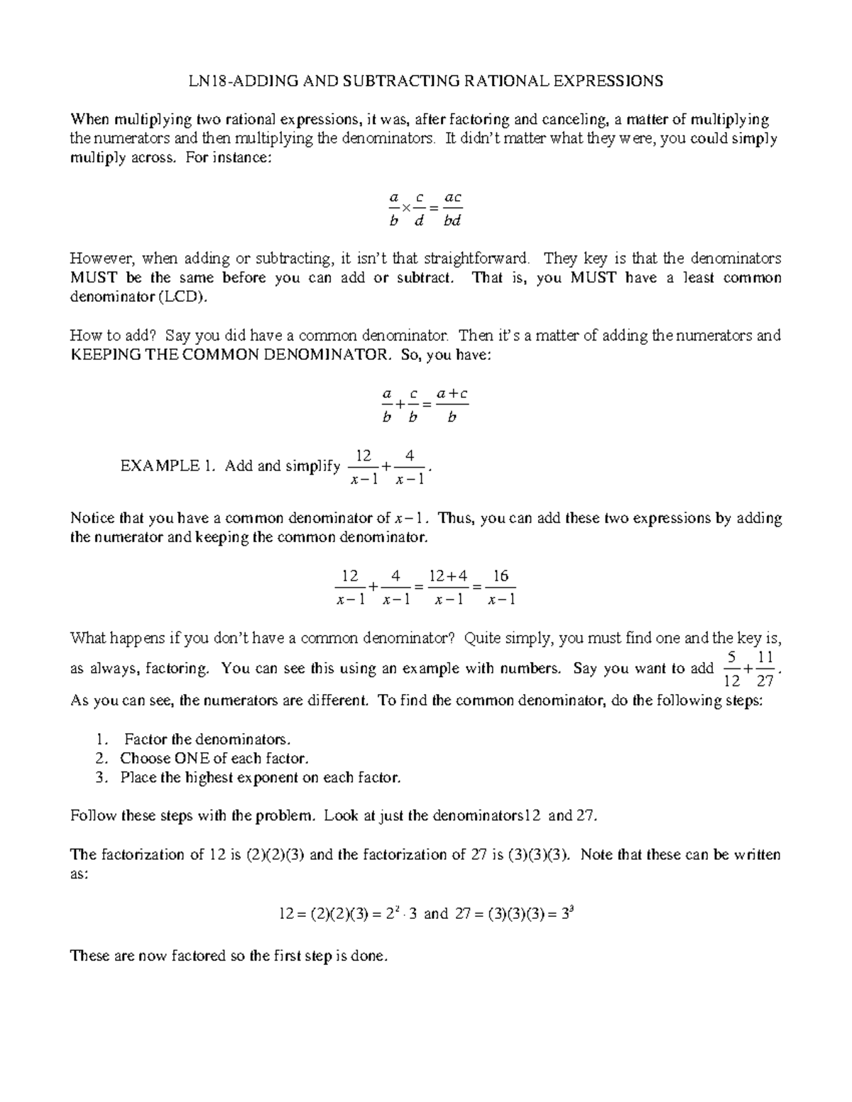 LN18- Adding and Subtracting Rational Expressions - LN18-ADDING AND ...