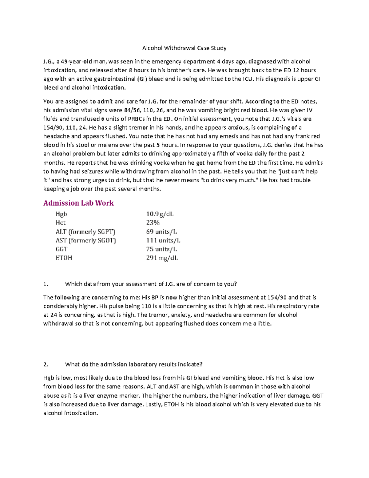 Alcohol Withdrawal Case Study Homework - Alcohol Withdrawal Case Study ...