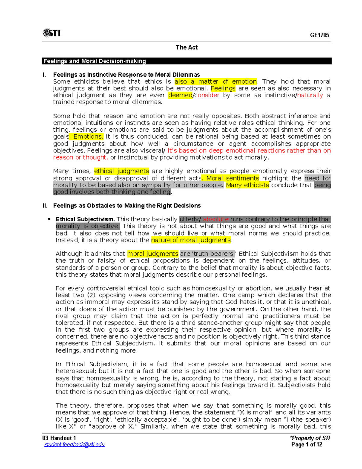 03 Handout 1 ethics - 03 Handout 1 *Property of STI The Act Feelings ...