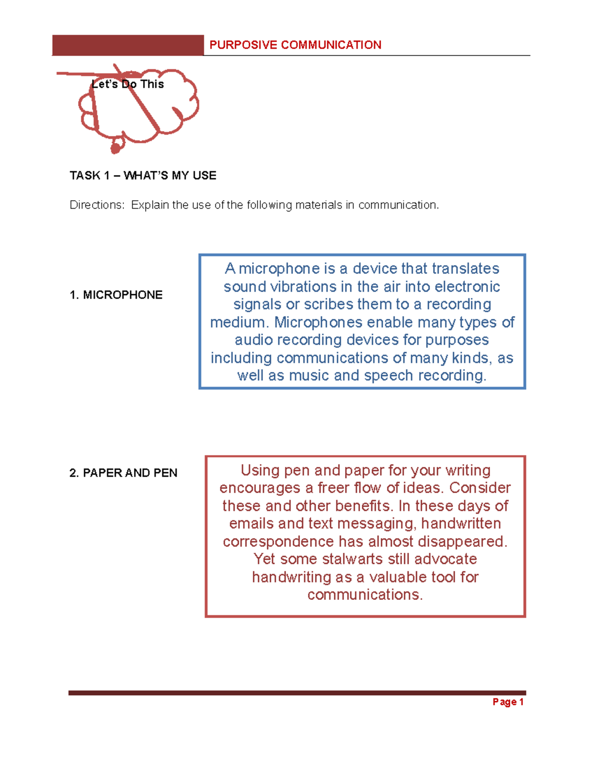 Activity 6 - Practical - MODULE PURPOSIVE COMMUNICATION Page 1 Let’s Do This TASK 1 – WHAT’S MY ...
