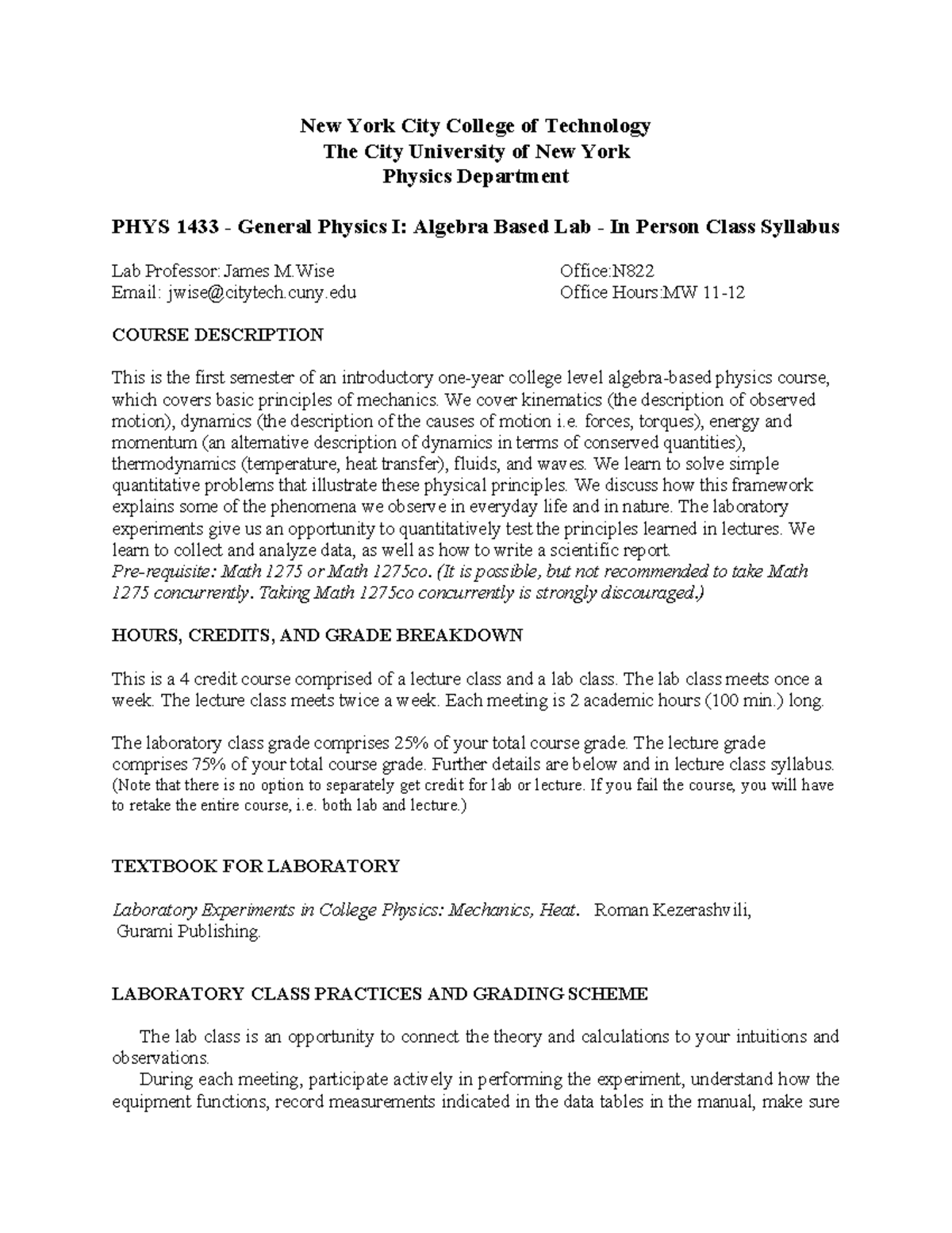 PHYS 1433 Syllabus LAB v2 - Open Stax - Tagged - New York City College of Technology The City ...