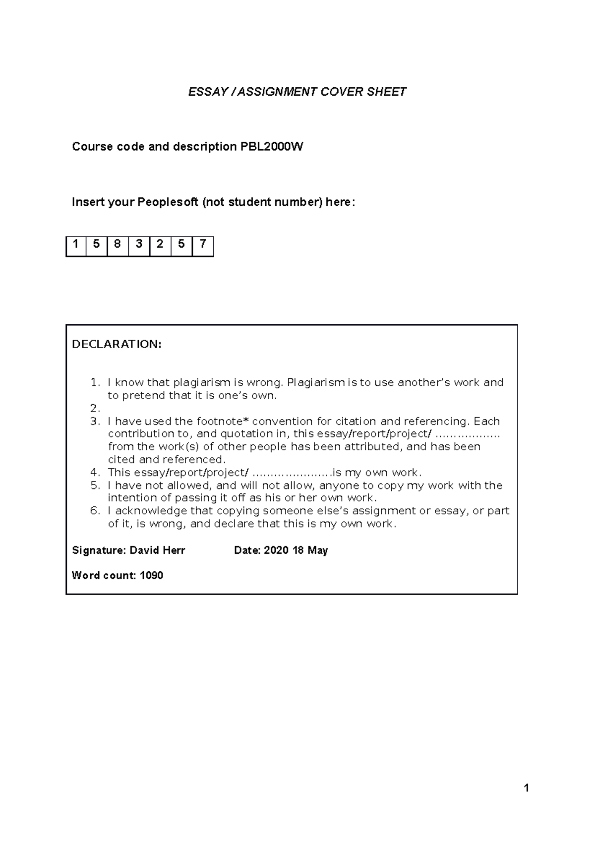 Assignment One Final( Hhrdav 012) - ESSAY / ASSIGNMENT COVER SHEET ...