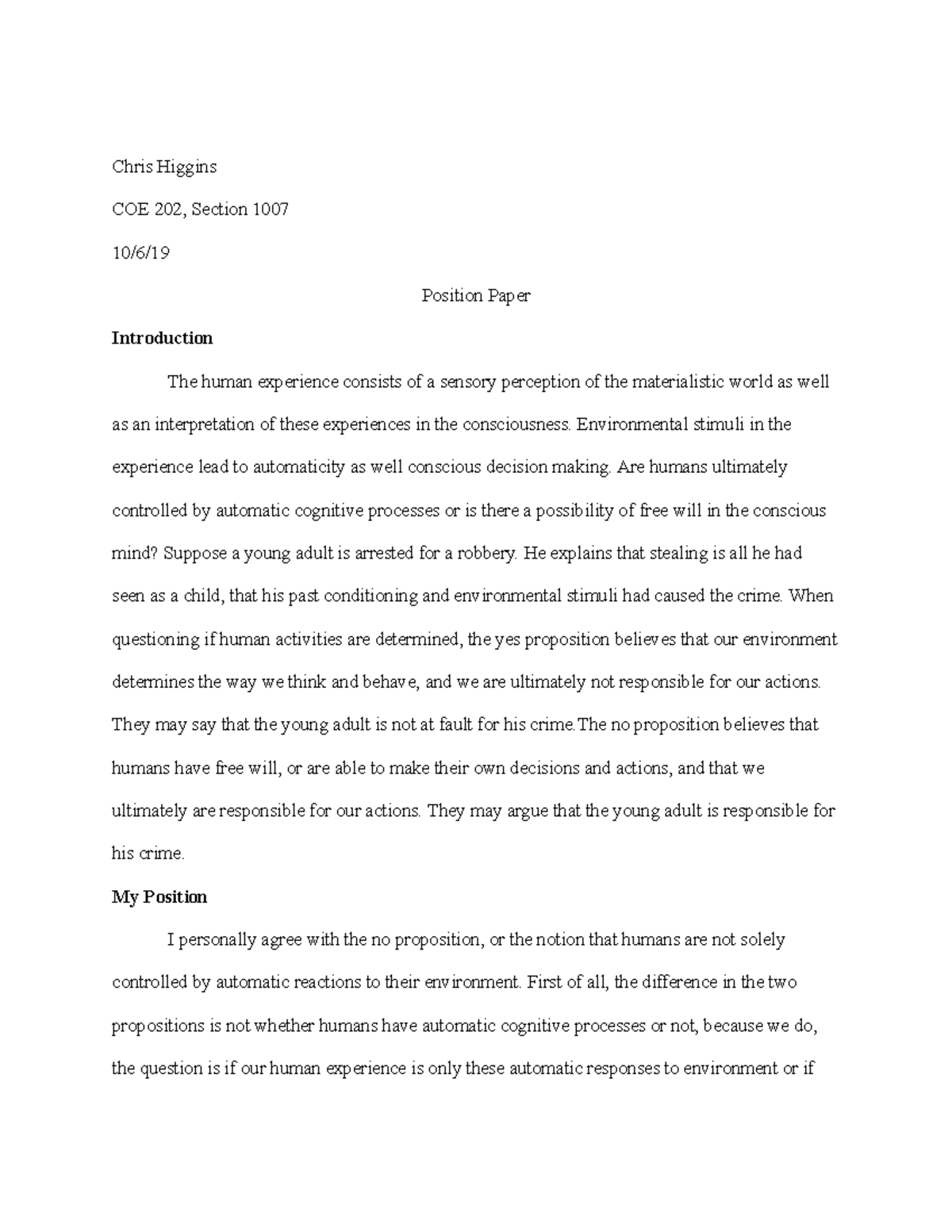 COE Position Paper - Chris Higgins COE 202, Section 1007 10/6/ Position ...