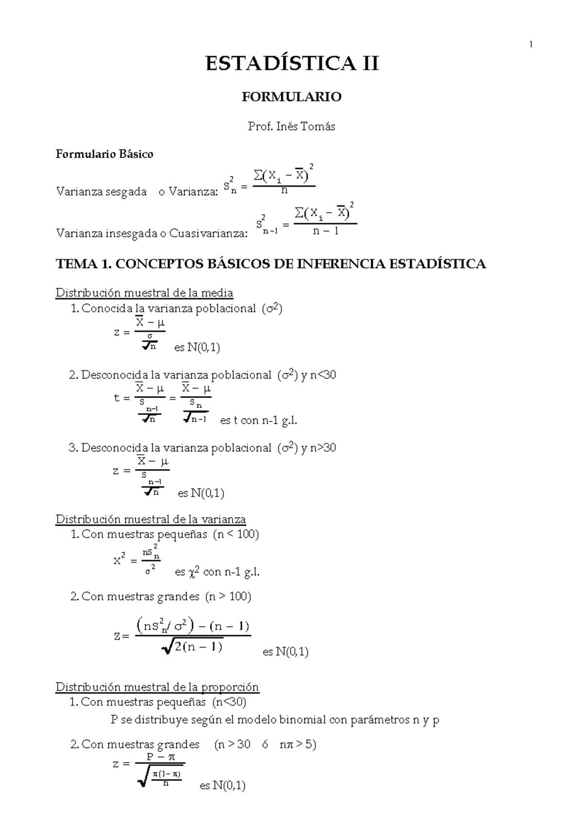 Formulario Estadistica II Fórmulas - ESTADÍSTICA II FORMULARIO Prof ...