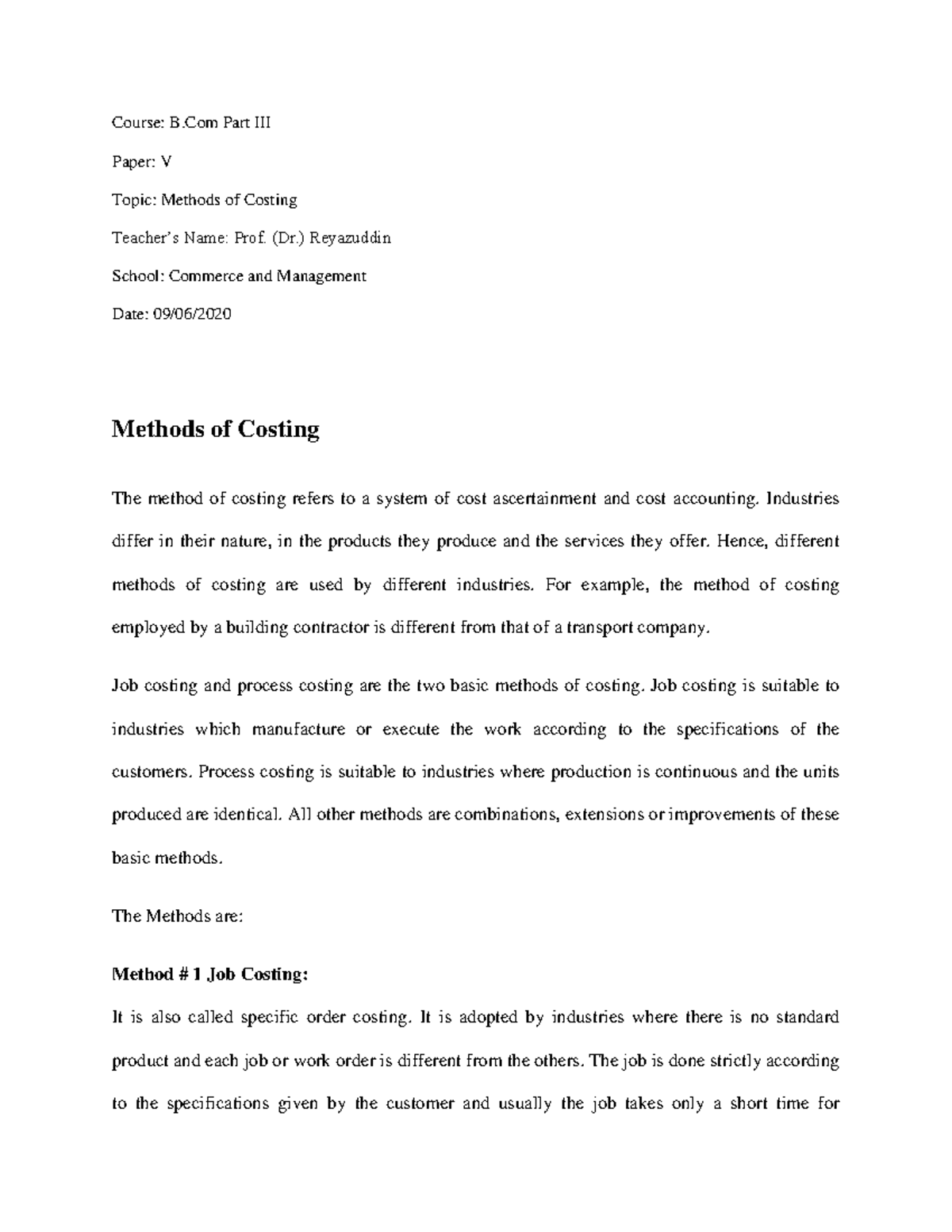 Methods of Costing-converted - Course: B Part III Paper: V Topic ...