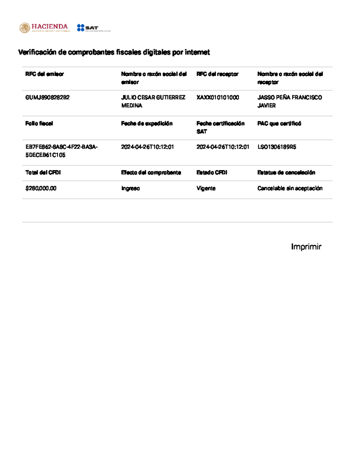 Verificación de Comprobantes Fiscales Digitales por Internet - Imprimir ...