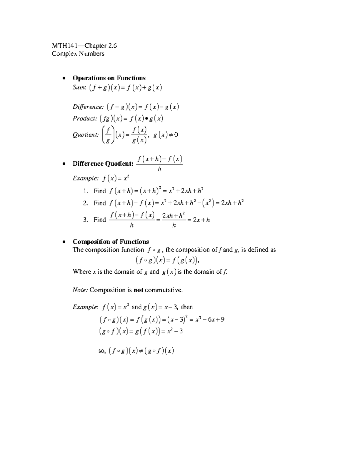 MTH141 2.6 Notes - Complex Numbers - MTH141—Chapter 2. Complex Numbers ...