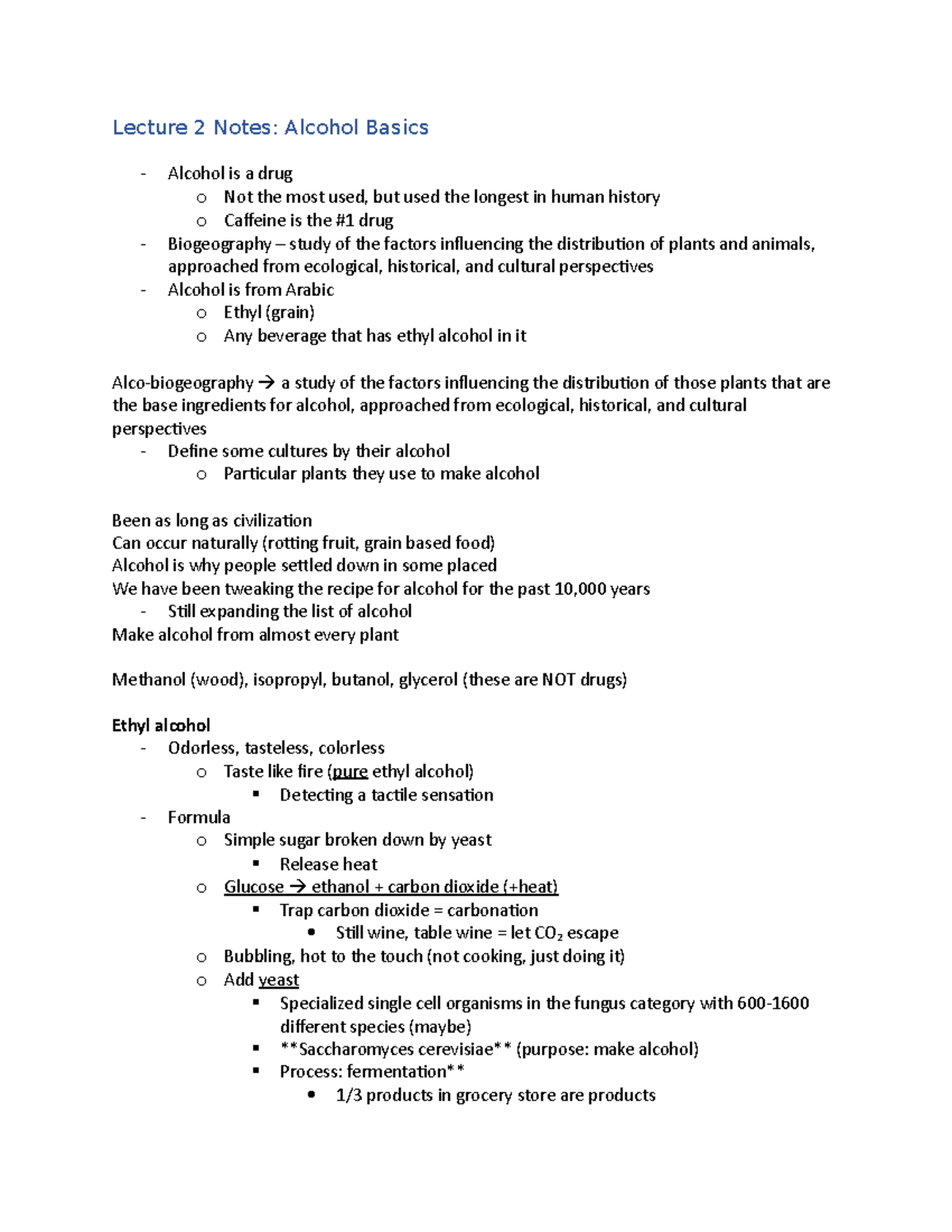Lecture 2 Video Notes - Lecture 2 Notes: Alcohol Basics - Alcohol is a ...