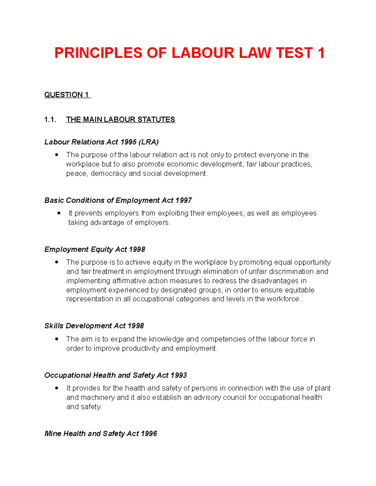 Principles OF Labour LAW TEST 1 - PRINCIPLES OF LABOUR LAW TEST 1 ...