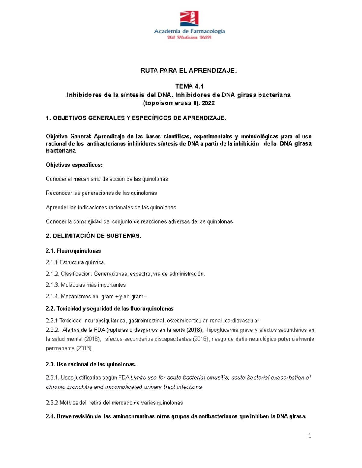 4.1 RUTA PARA EL Aprendizaje tema 4.1 Inhibidores de DNA girasa ...