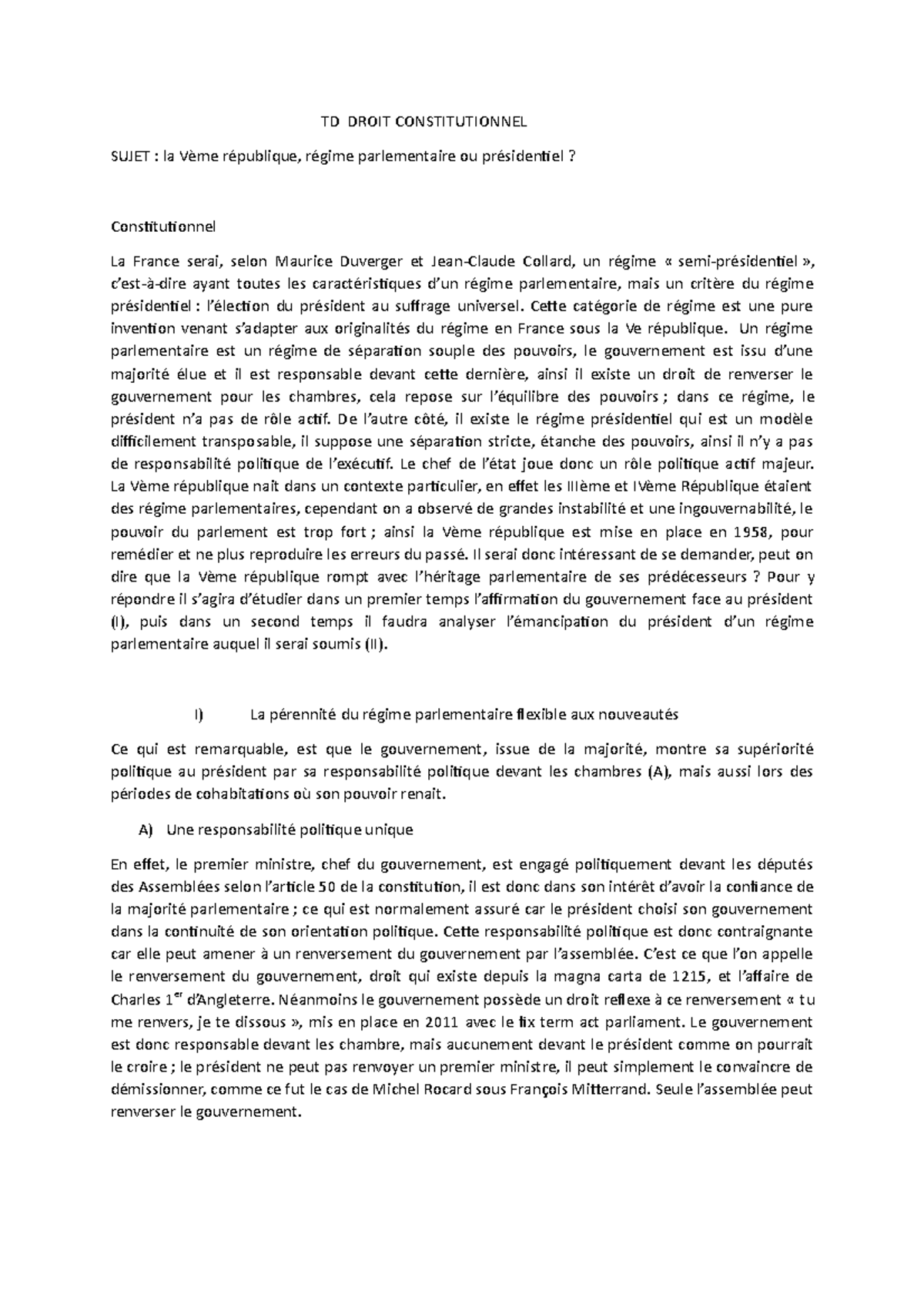 TD Droit Constitutionnel - TD DROIT CONSTITUTIONNEL SUJET : la Vème ...
