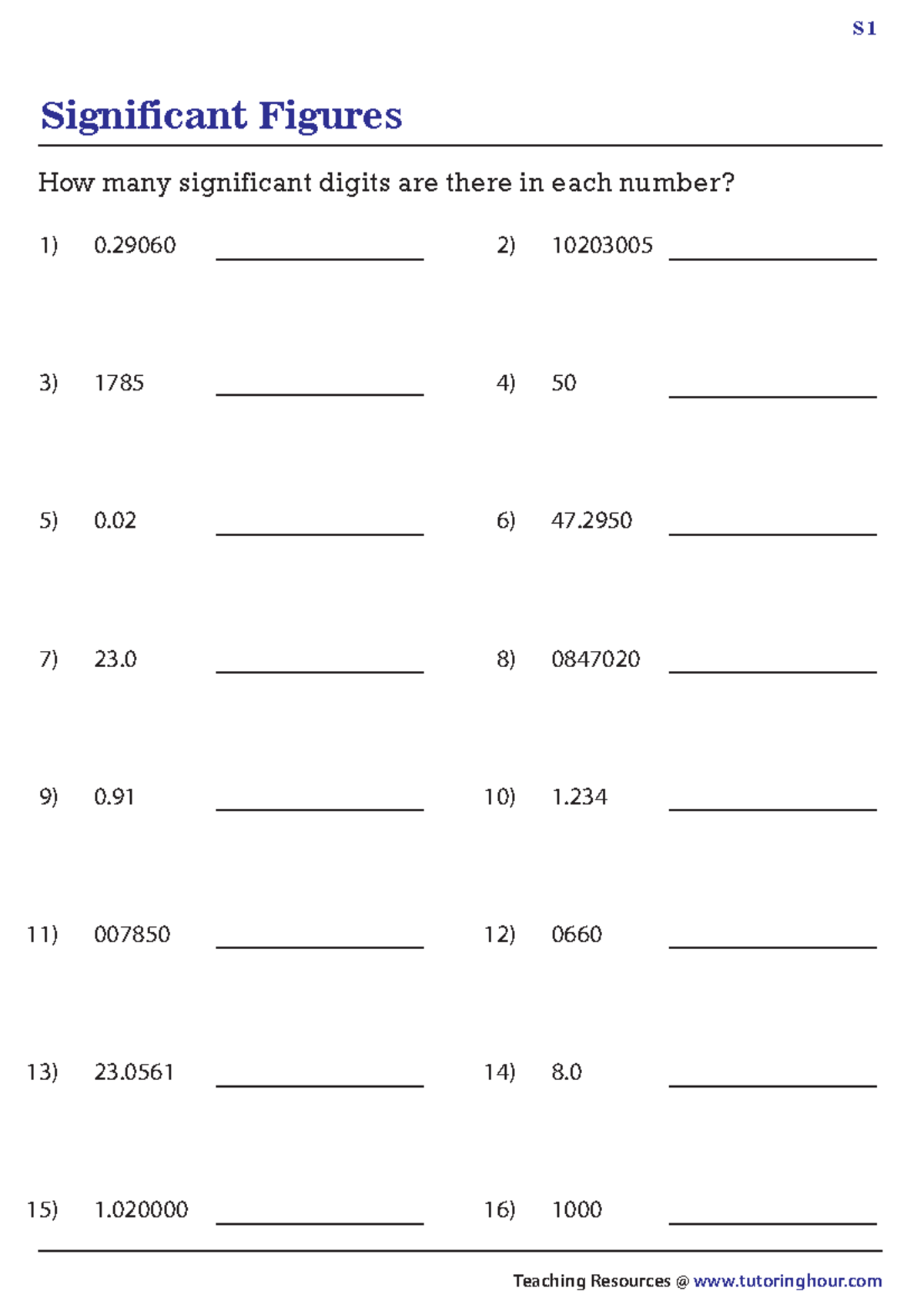 Worksheet#1 - very easy - Significant Figures Teaching Resources ...