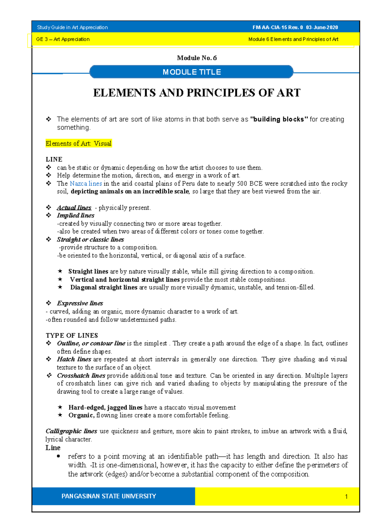 Module 6 Elements and Principles of Art Copy - MODULE TITLE GE 3 – Art ...